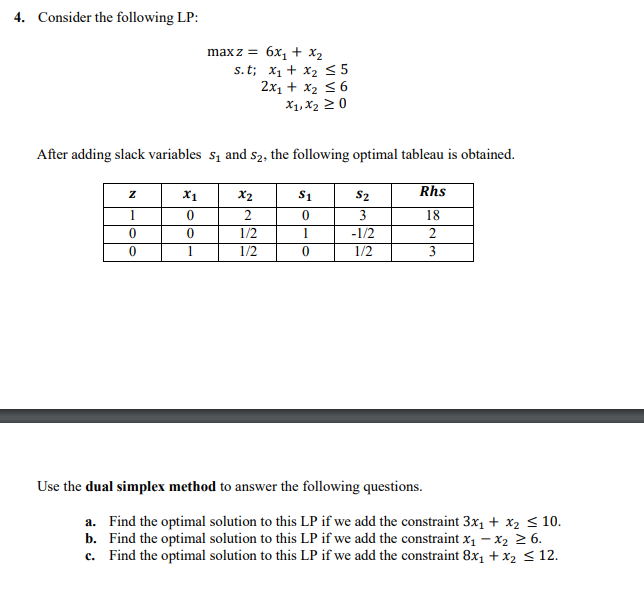 Solved 4. Consider the following LP: max z = 6x1 + x2 s.t; | Chegg.com
