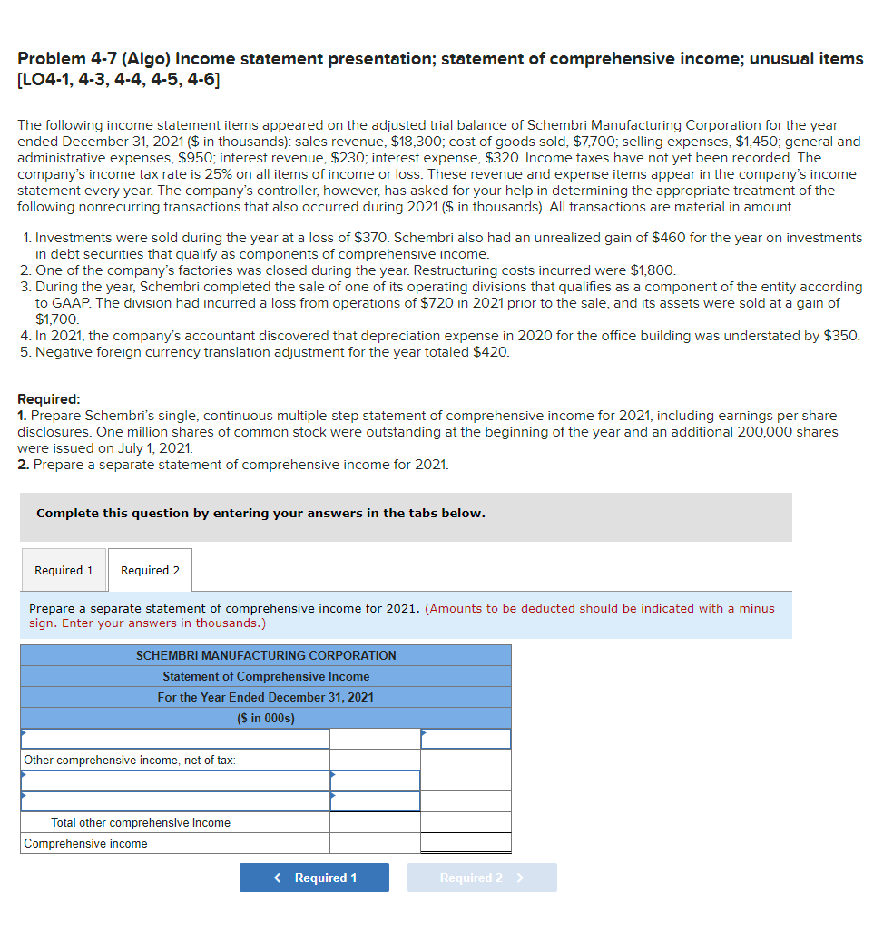 Solved Problem 4-7 (Algo) Income statement presentation; | Chegg.com