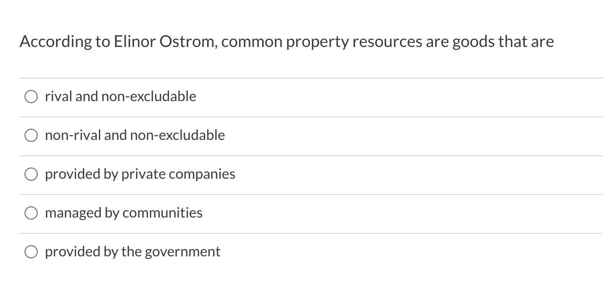 Solved According to Elinor Ostrom, common property resources | Chegg.com