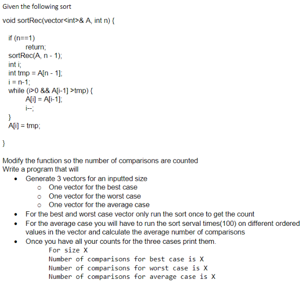 Solved Given the following sort void sortRec(vector& A, int | Chegg.com