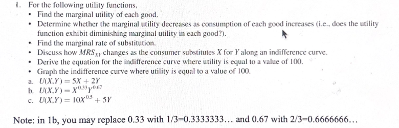 Solved 1. For the following utility functions, - Find the | Chegg.com