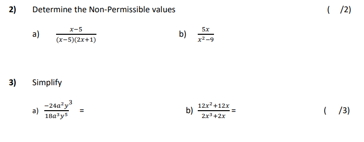 Solved 2) Determine the Non-Permissible values (72) 5x a) | Chegg.com