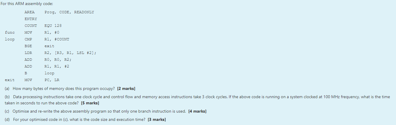 For this ARM assembly code: AREA Prog, CODE, READONLY | Chegg.com