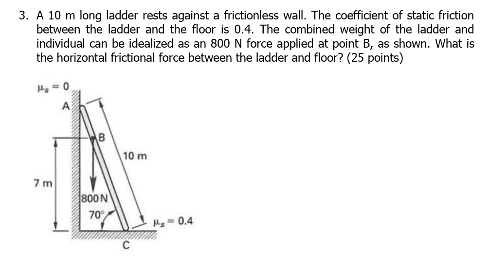 Solved 3. A 10 m long ladder rests against a frictionless | Chegg.com