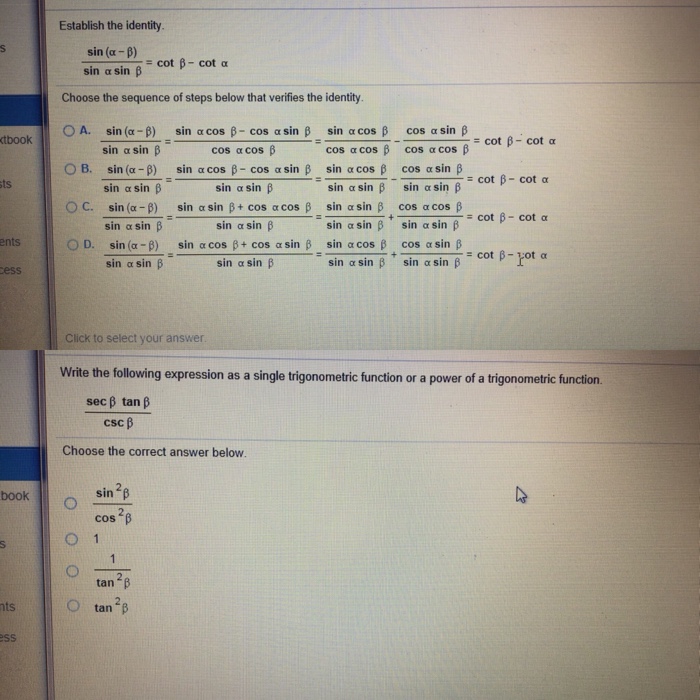 Solved Establish the identity. sin (?-?) sin ? sin ? Choose | Chegg.com