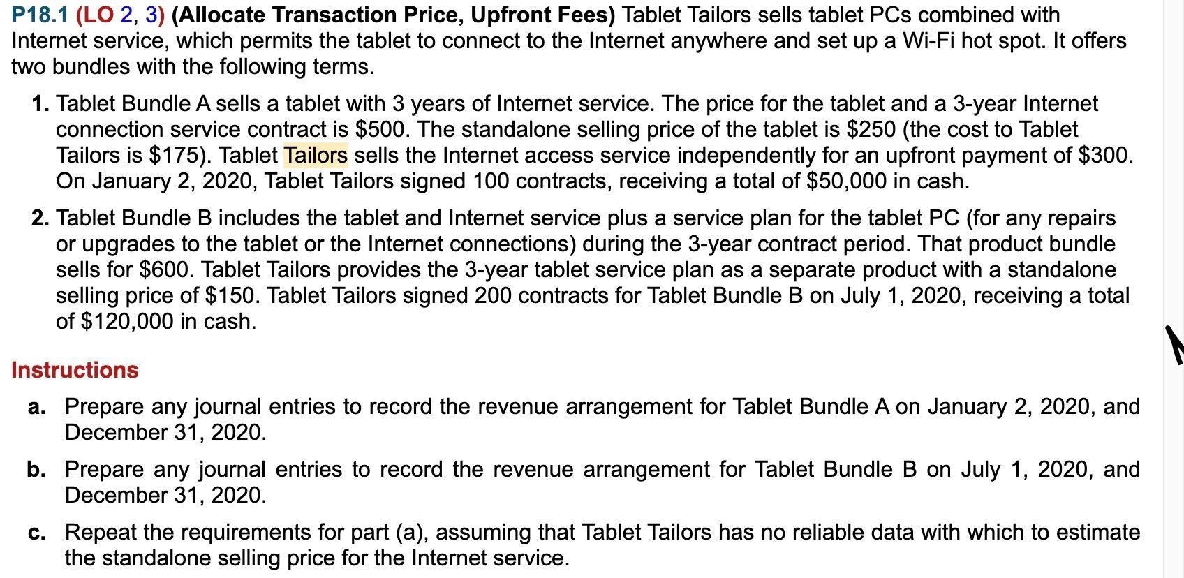 Solved P18.1 (LO 2, 3) (Allocate Transaction Price, Upfront | Chegg.com