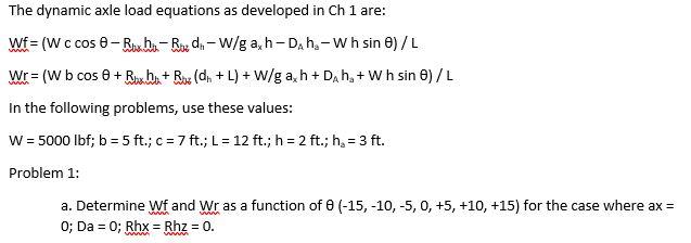 Solved The dynamic axle load equations as developed in Ch 1 | Chegg.com