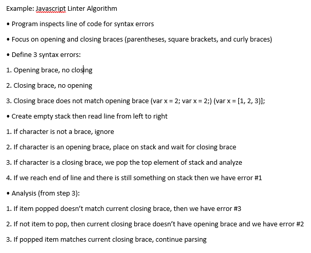 Solved = Example: Javascript Linter Algorithm • Program | Chegg.com