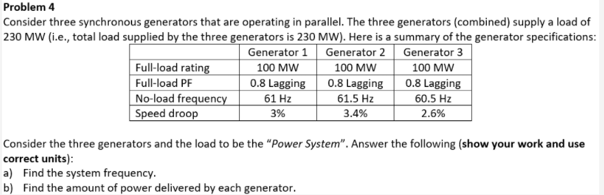 Solved Problem 4 Consider three synchronous generators that | Chegg.com