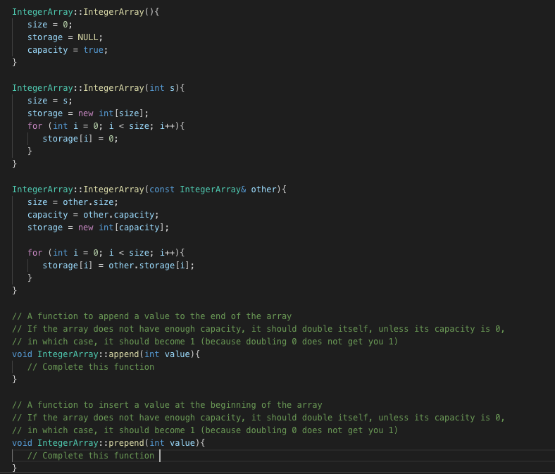 Solved IntegerArray:: IntegerArray(){ size = 0; storage = | Chegg.com