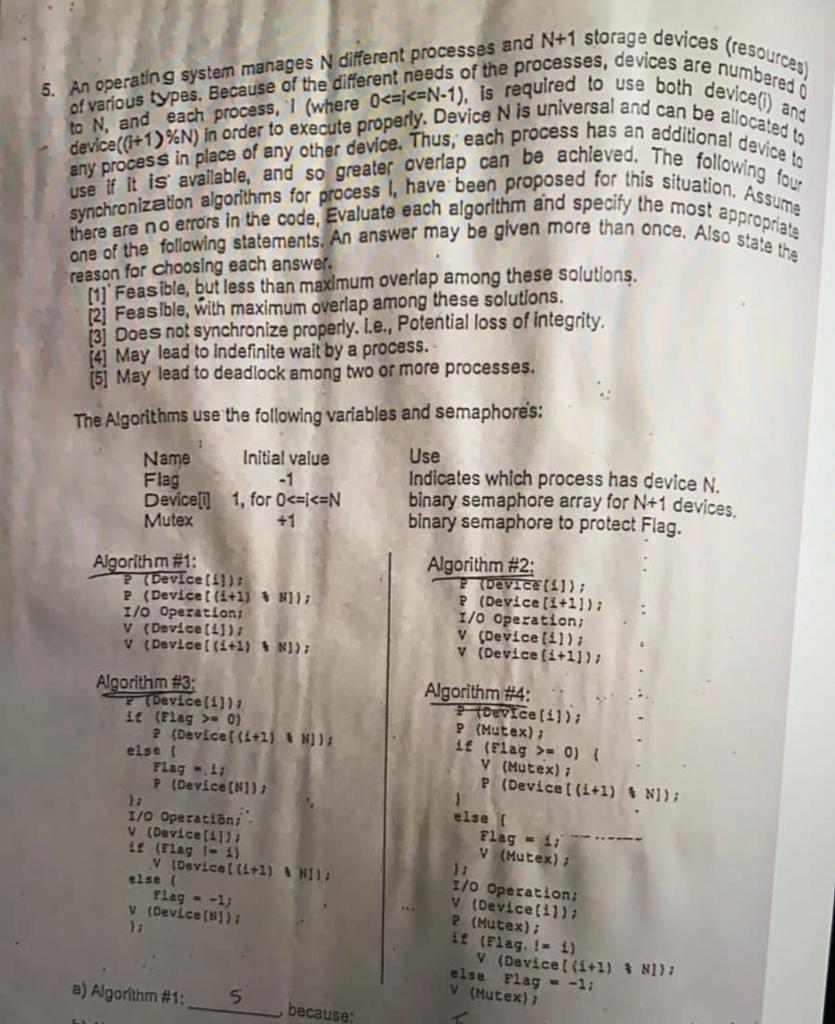 Solved 5. An operating system manages N different processes | Chegg.com