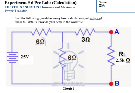 Solved Experiment #6 Pre Lab: (Calculation) Name: ID#: | Chegg.com