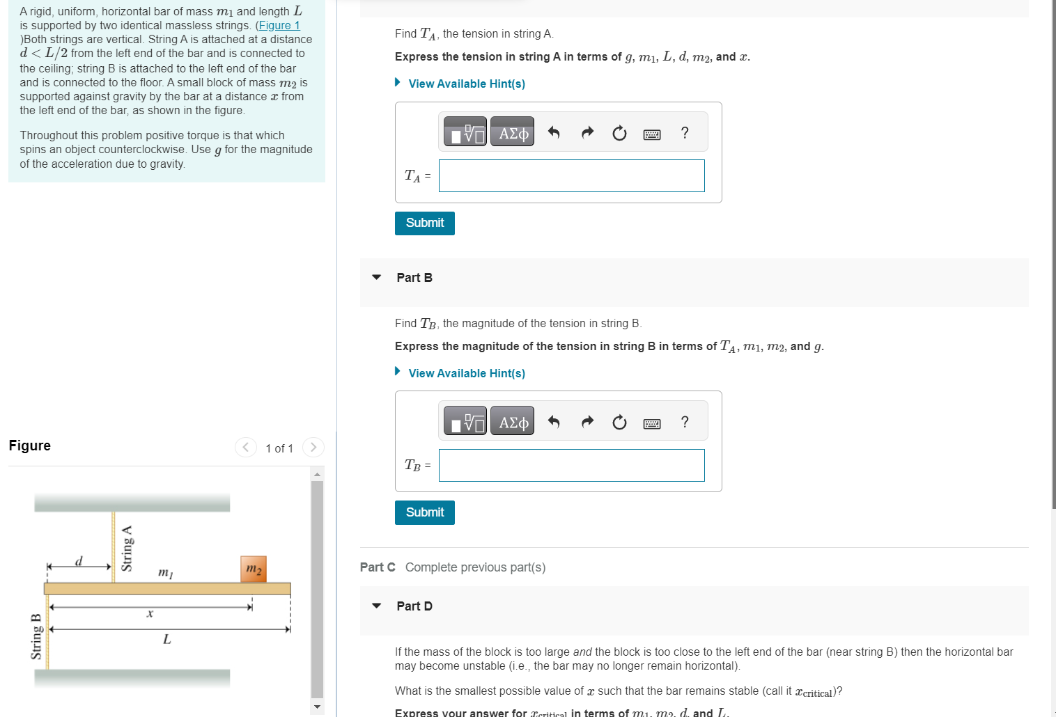 Solved A rigid, uniform, horizontal bar of mass m1 ﻿and | Chegg.com