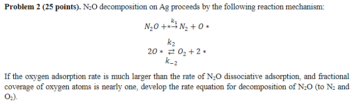 Solved N2O+→k1N2+O∗2O∗k−2⇄k2O2+2∗ If the oxygen adsorption | Chegg.com
