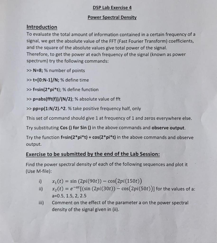 Solved DSP Lab Exercise 4 Power Spectral Density | Chegg.com