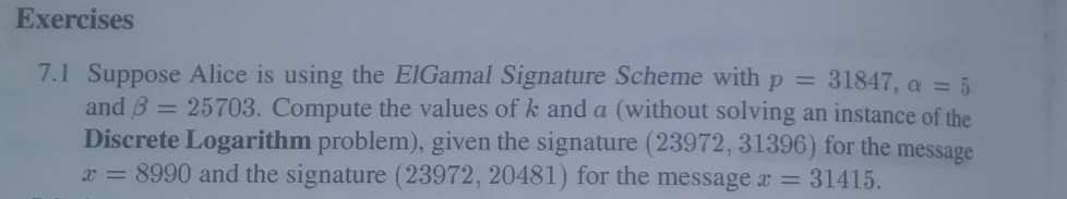 Solved Exercises 7.1 Suppose Alice is using the ElGamal | Chegg.com