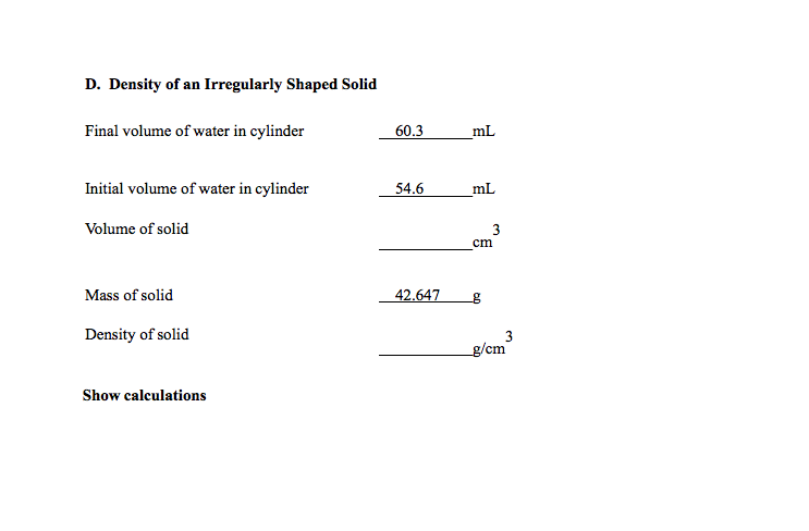 Solved D. Density of an Irregularly Shaped Solid Final | Chegg.com