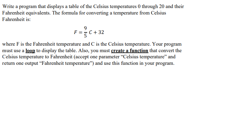 Solved Write a program that displays a table of the Celsius | Chegg.com