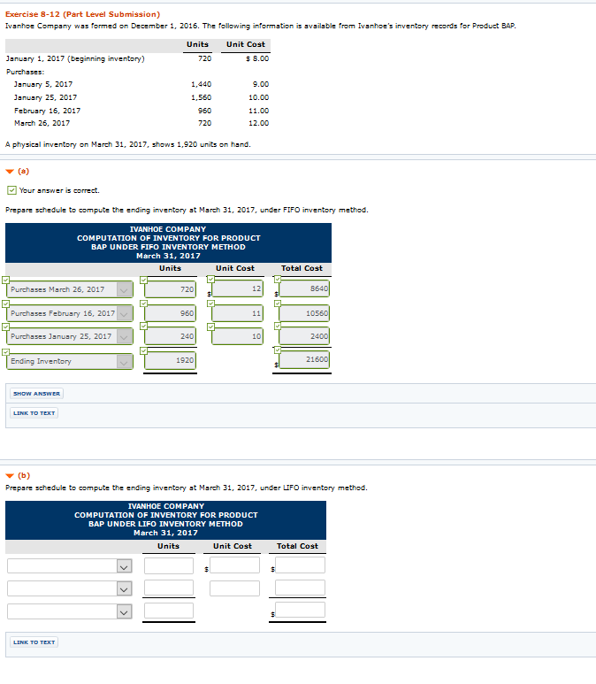 Solved Exercise 8-12 (Part Level Submission) Ivanhoe Company | Chegg.com