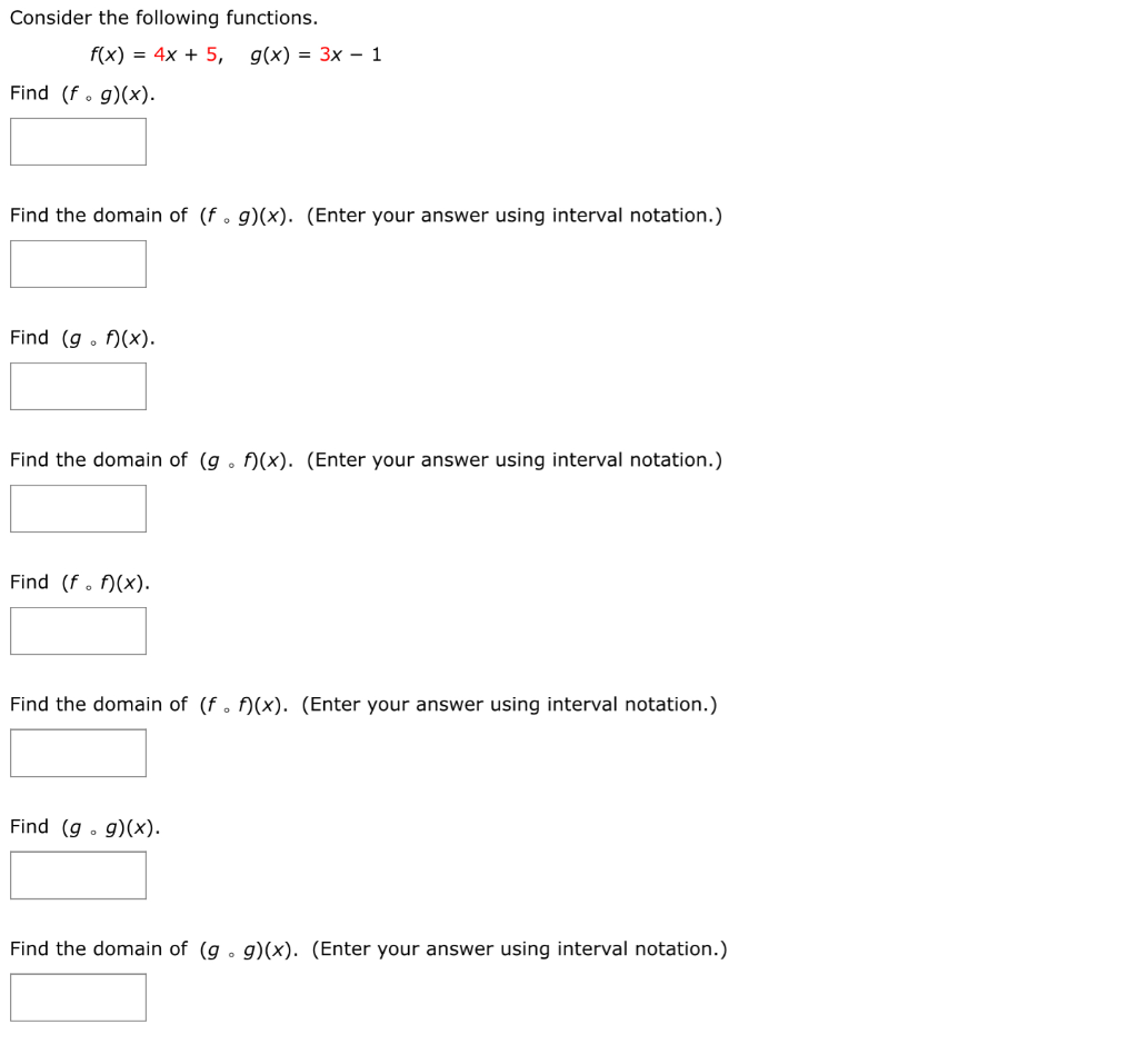 Solved Consider the following functions. f(x) = 4x + 5, g(x) | Chegg.com