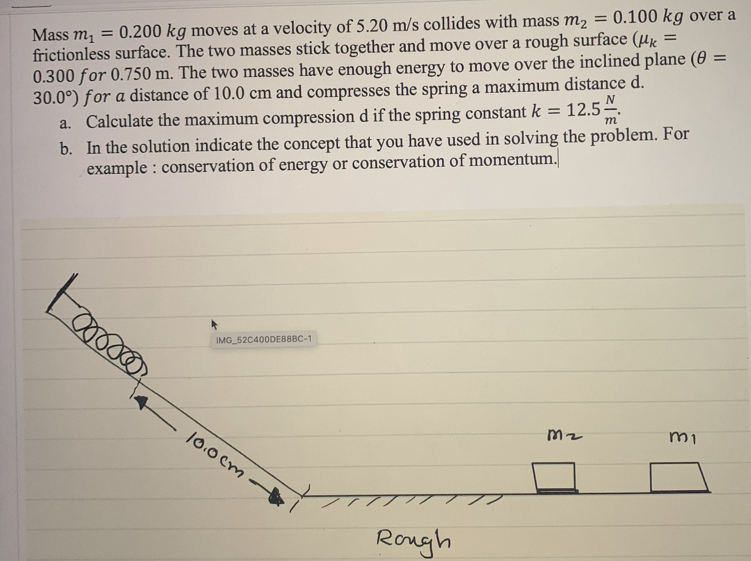 Solved Mass m1=0.200 kg moves at a velocity of 5.20 m/s | Chegg.com