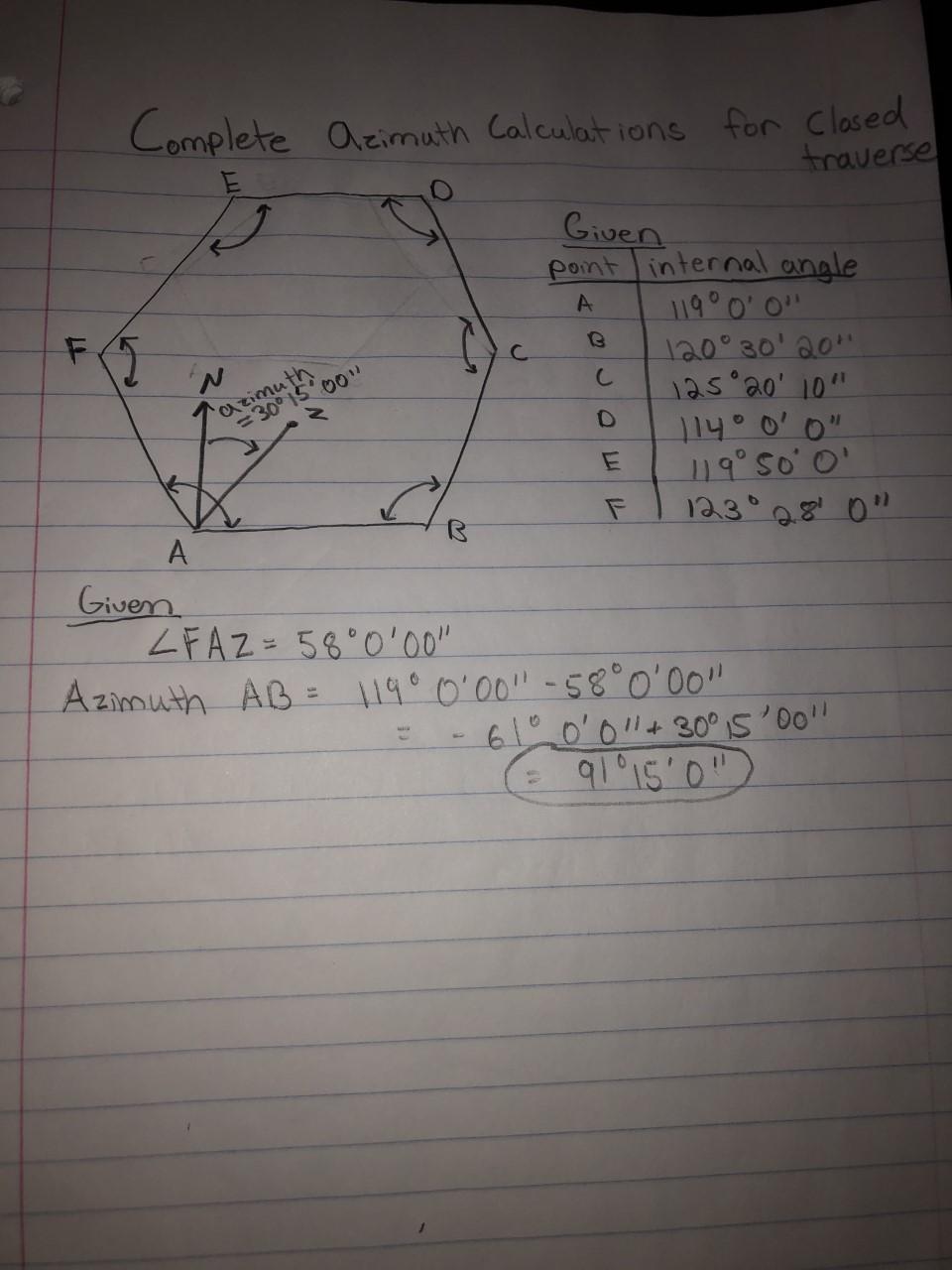 Solved Complete Azimuth Calculations for closed traverse | Chegg.com