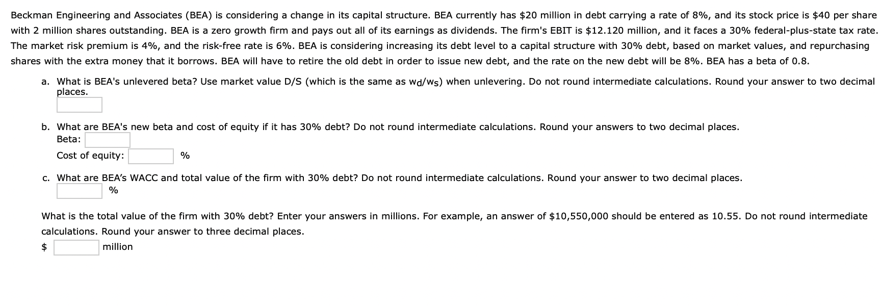 Solved places. b. What are BEA's new beta and cost of equity | Chegg.com