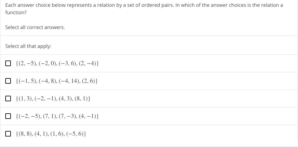 Solved Each answer choice below represents a relation by a | Chegg.com