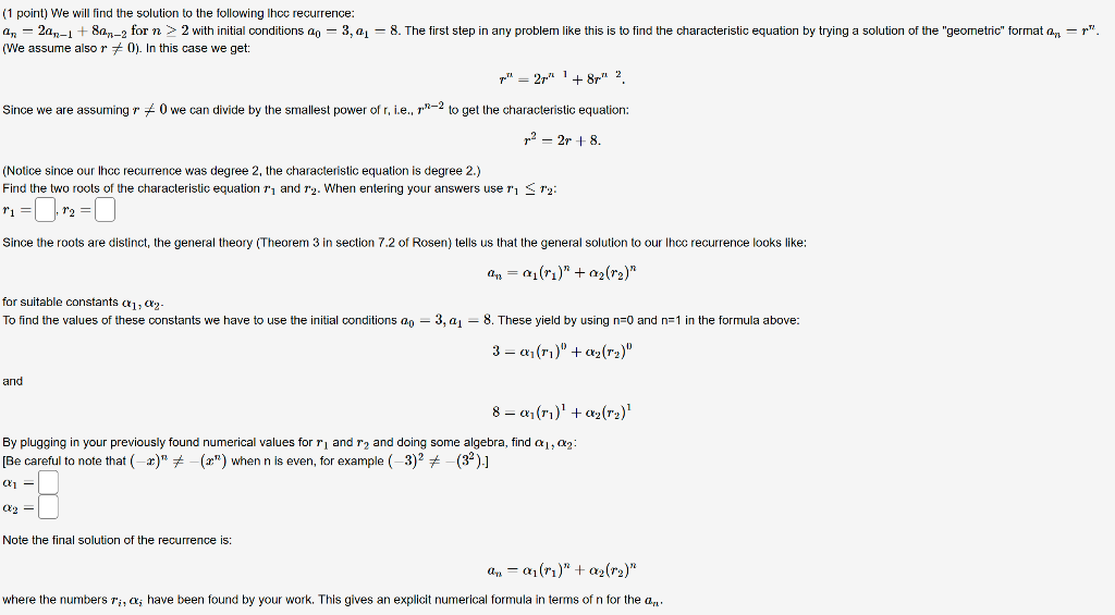 Solved an=2an−1+8an−2 for n≥2 with initial conditions | Chegg.com