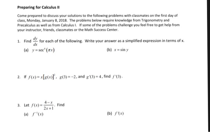 Solved Preparing for Calculus II Come prepared to discuss | Chegg.com
