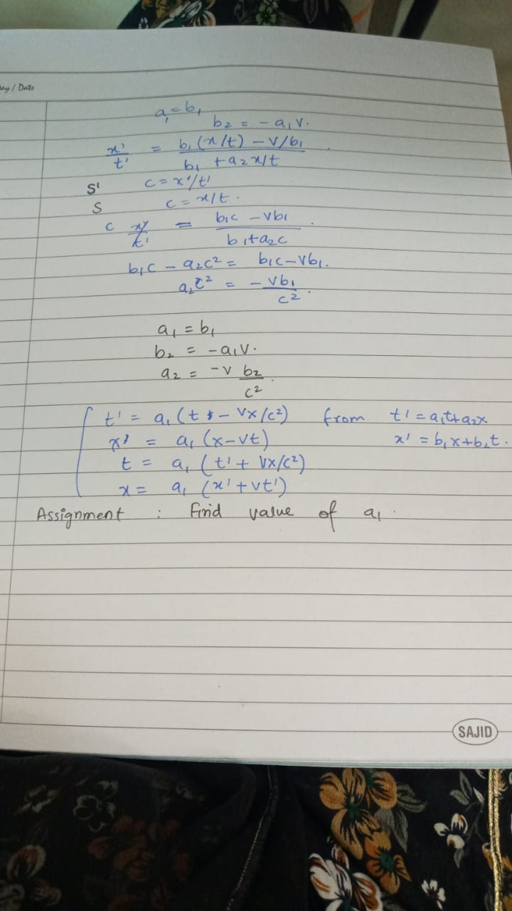 Solved a1=b1b2=−a1v.t′x′=b1+a2x/tb1(x/t)−v/b1.c=x′/t′c=x/t.c | Chegg.com