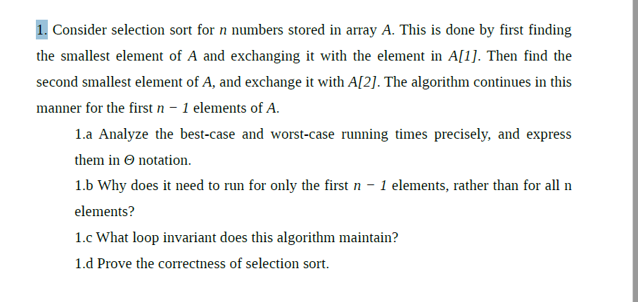 Solved 1. Consider selection sort for n numbers stored in | Chegg.com