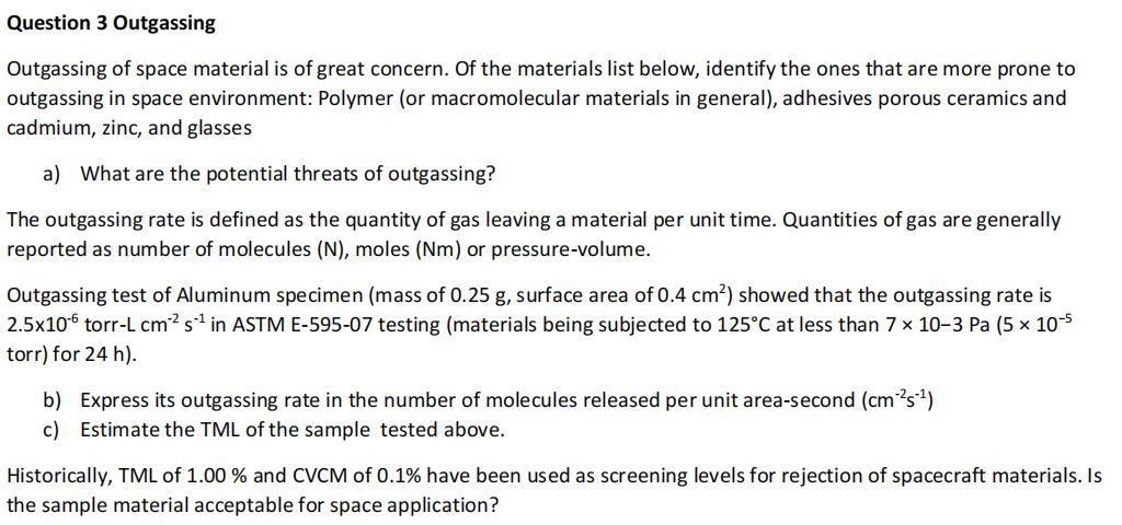 Solved Outgassing of space material is of great concern. Of | Chegg.com
