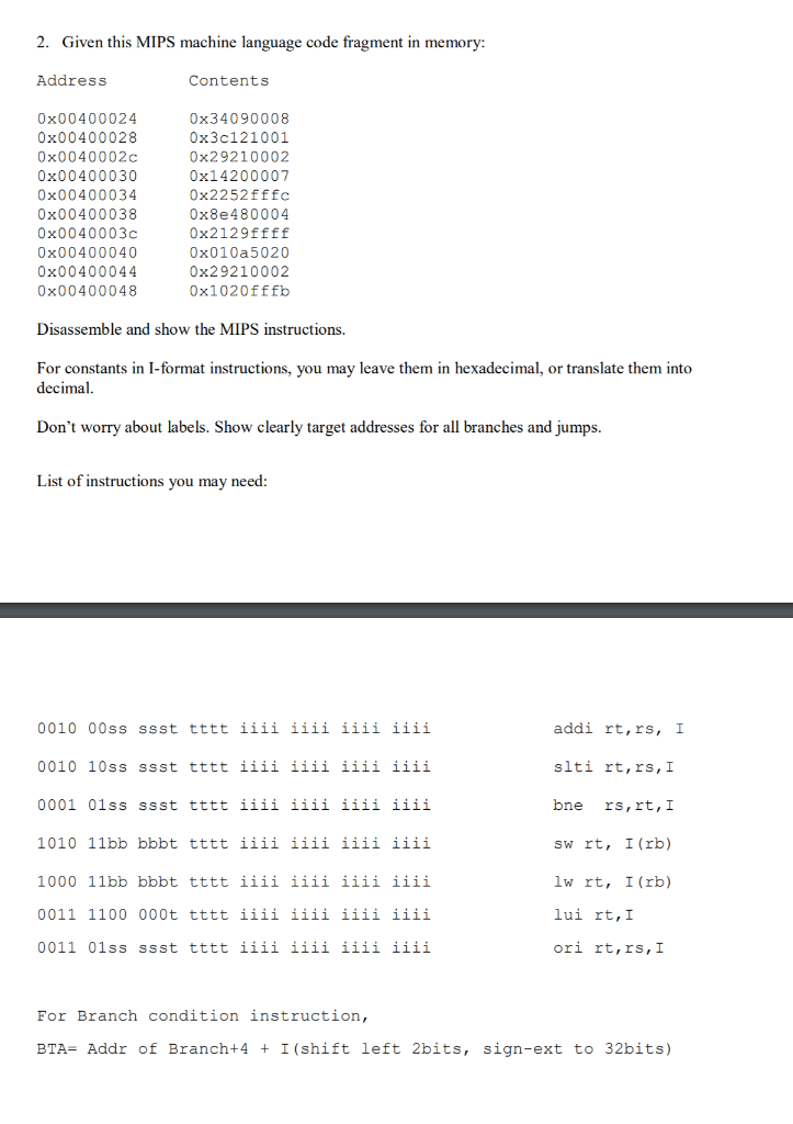 2. Given this MIPS machine language code fragment in | Chegg.com