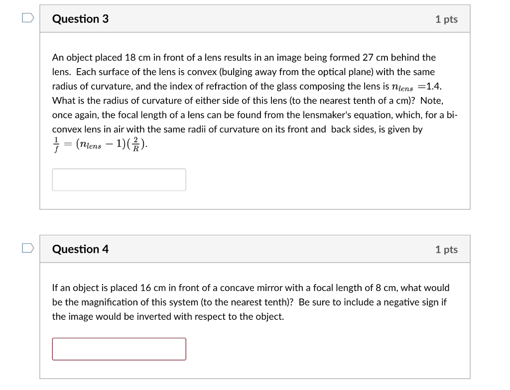 Solved Question 3 1 pts An object placed 18 cm in front of a | Chegg.com