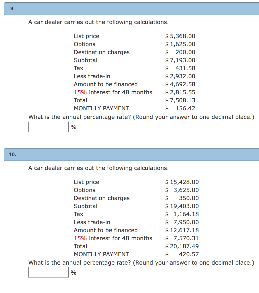 Solved A car dealer carries out the following calculations. | Chegg.com