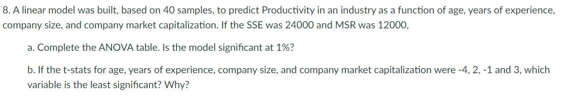 Solved 3. A linear model was built, based on 40 samples, to | Chegg.com
