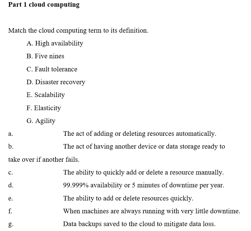 Solved Part 1 cloud computing Match the cloud computing term | Chegg.com