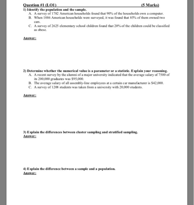 Solved Question #1 LO 5 Marks 1) Identify the population and | Chegg.com