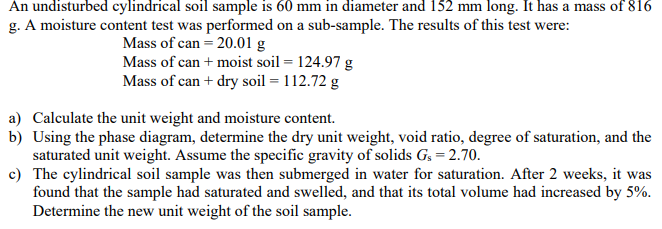 Solved An undisturbed cylindrical soil sample is 60 mm in | Chegg.com