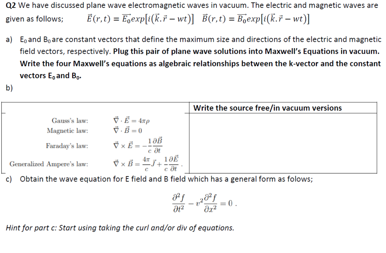 Solved Q2 We have discussed plane wave electromagnetic waves | Chegg.com