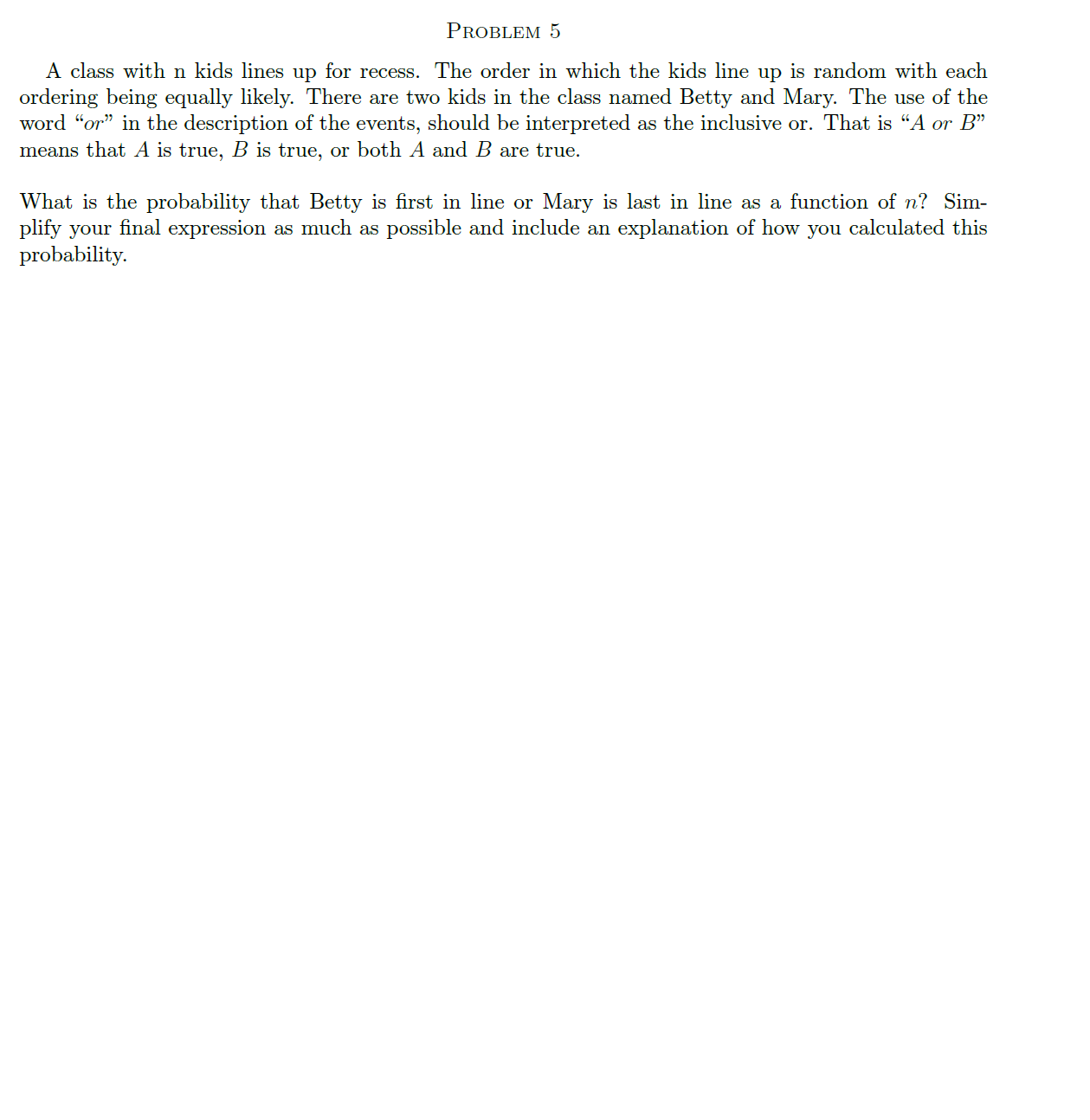 Solved A class with n kids lines up for recess. The order in | Chegg.com