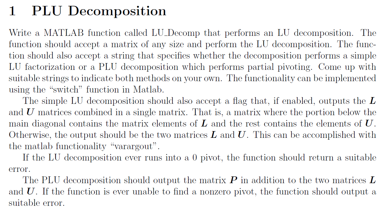 Solved 1 PLU Decomposition Write a MATLAB function called | Chegg.com