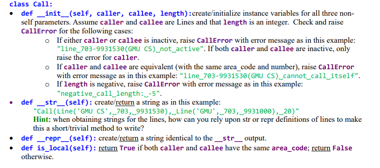 class Call: def-init-(self, caller, callee, length) : | Chegg.com