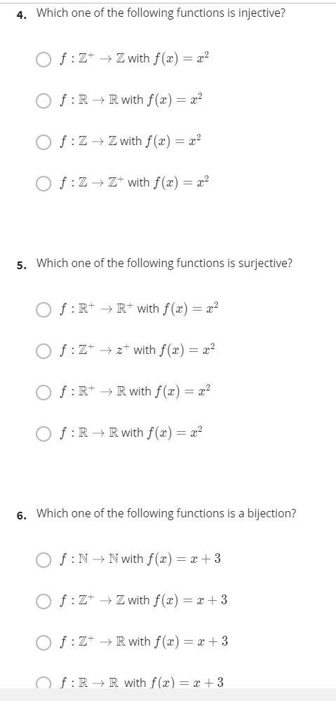 Solved 4. Which one of the following functions is injective? | Chegg.com