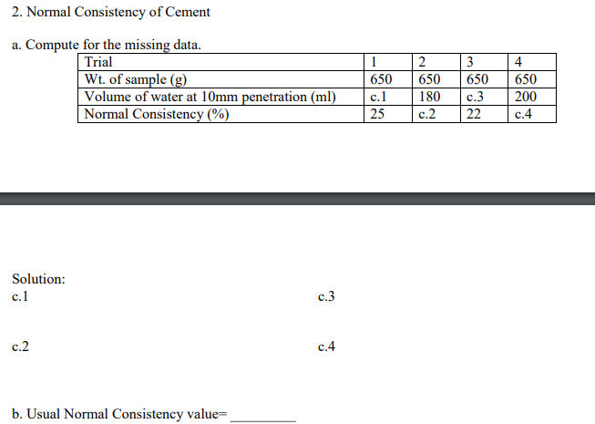 Solved 2. Normal Consistency of Cement a. Compute for the | Chegg.com