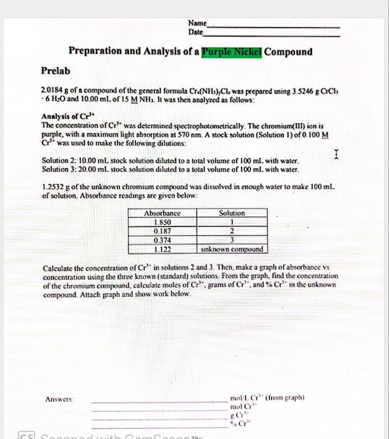 Solved Preparation and Analysis of a Purple Nickel Compound | Chegg.com