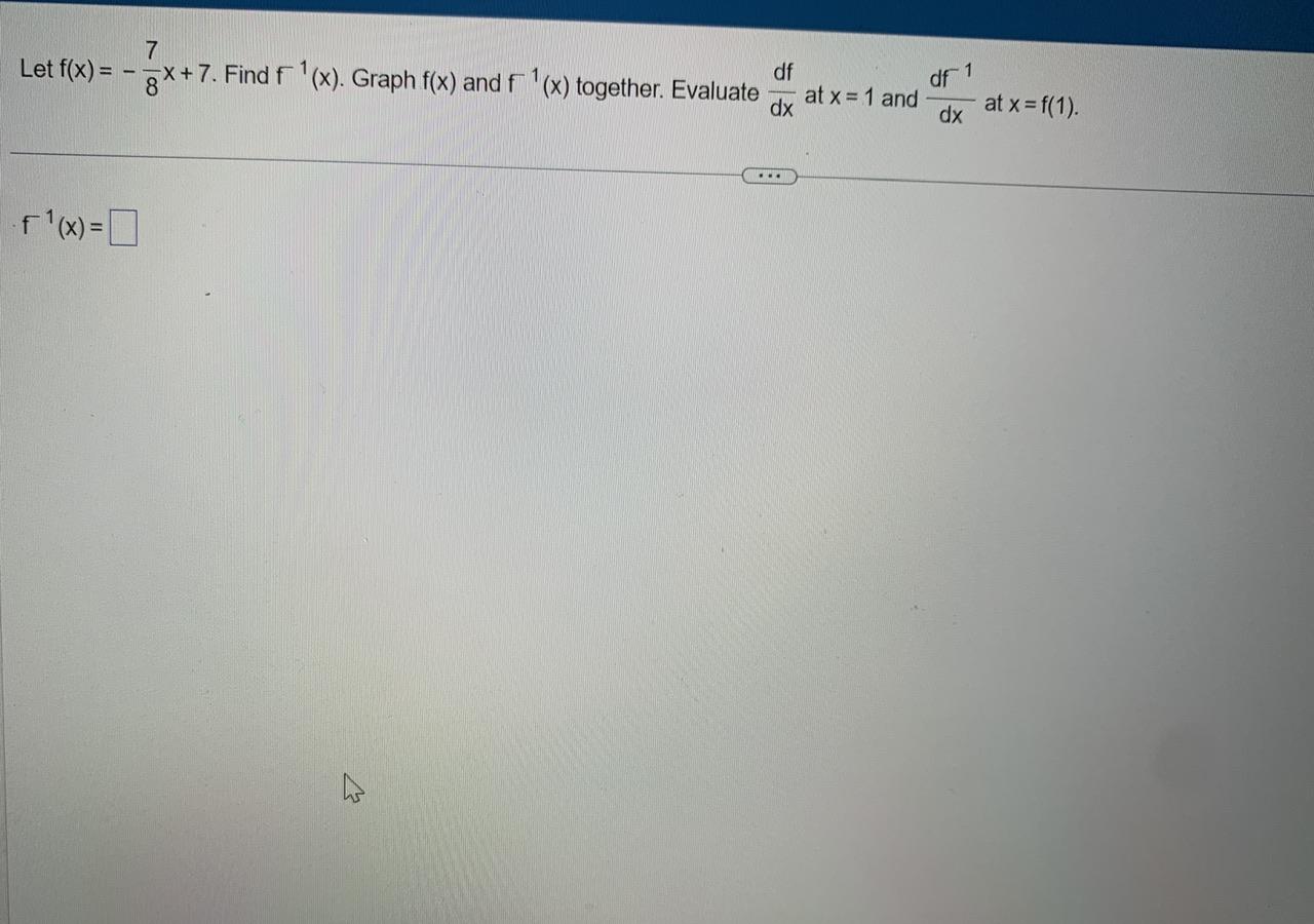 Solved Let f(x)=−87x+7. Find f−1(x). Graph f(x) and f−1(x) | Chegg.com