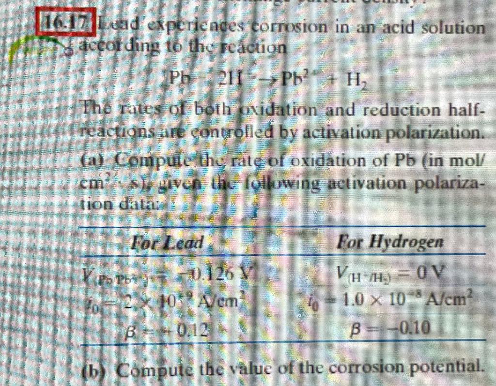 Solved 16.171 Lead experiences corrosion in an acid solution | Chegg.com