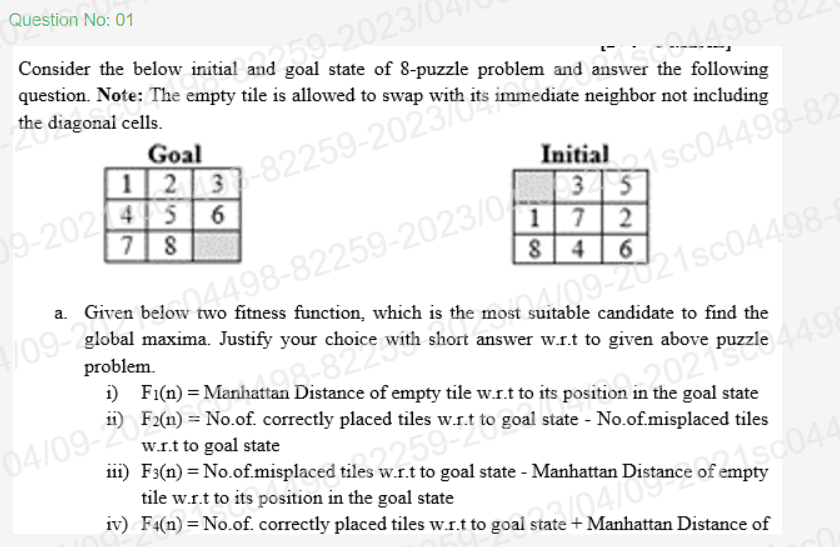 Solved Consider the below initial and goal state of 8-puzzle | Chegg.com